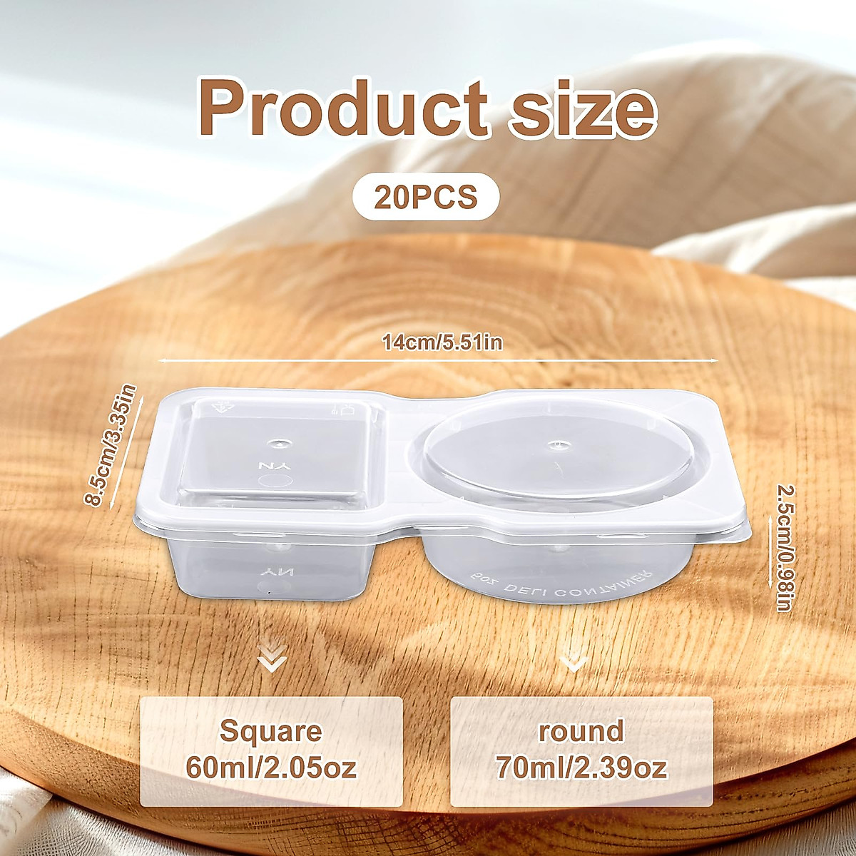 NQEUEPN 20pcs Double Condiment Containers, Square & Round Condiment Containers with Lids 2 Compartment Snack Containers Double Sauce Containers for Camping Travel, Easy to Clean