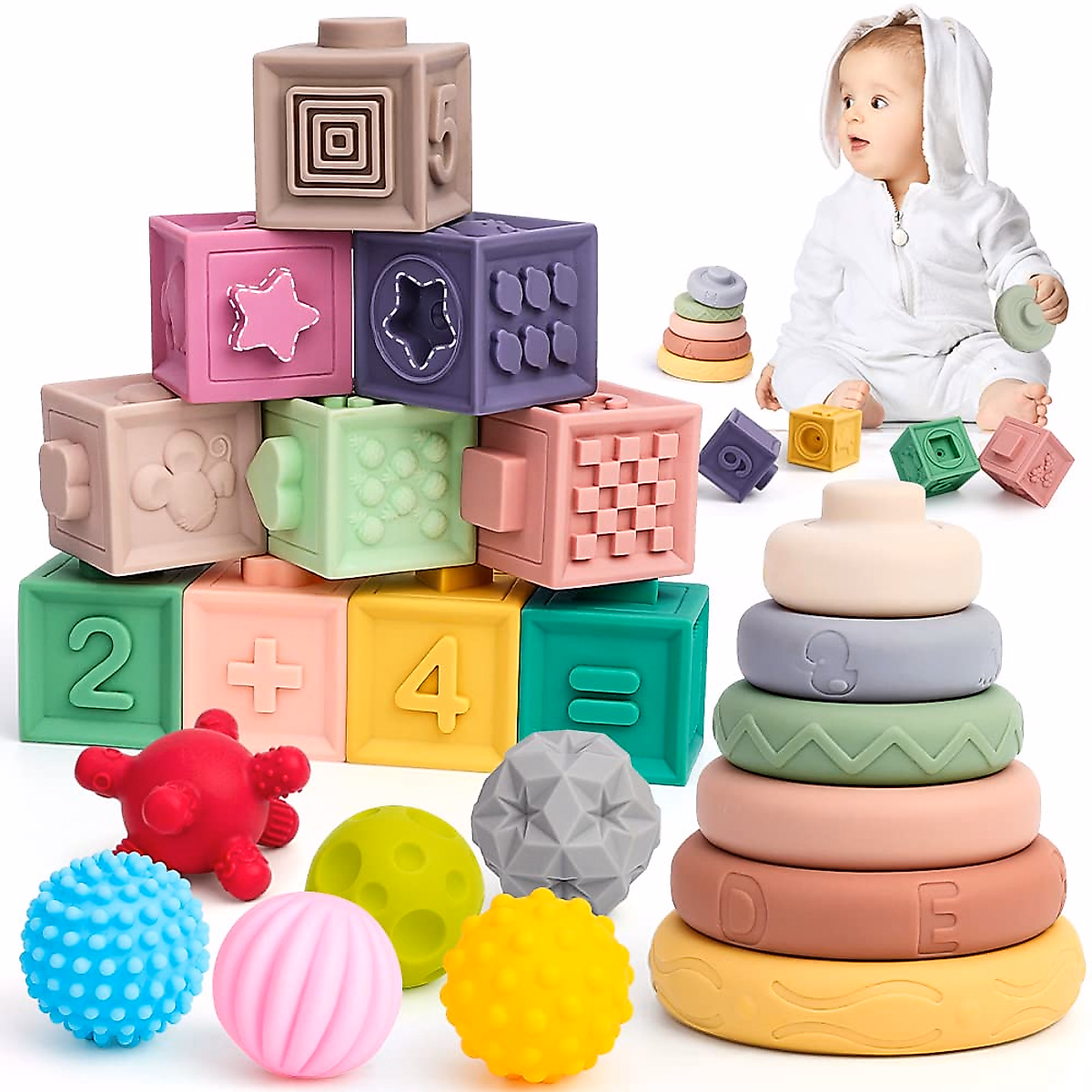 SINOMARS 24pcs Baby Toys 6-12 Months, Montessori Toys for 1 Year Old, Stacking Building Blocks for Toddlers 1-3, Soft Baby Teething Rings Toy for Infant 0-6 Months, Sensory Ball for 0-3-6-9-12 Months