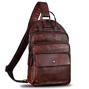 IVTG Genuine Leather Sling Bag for Men Vintage Crossbody Hiking Shoulder Bag Backpack Retro Cowhide Handmade Casual Daypack Purse Fanny Bag (Coffee)