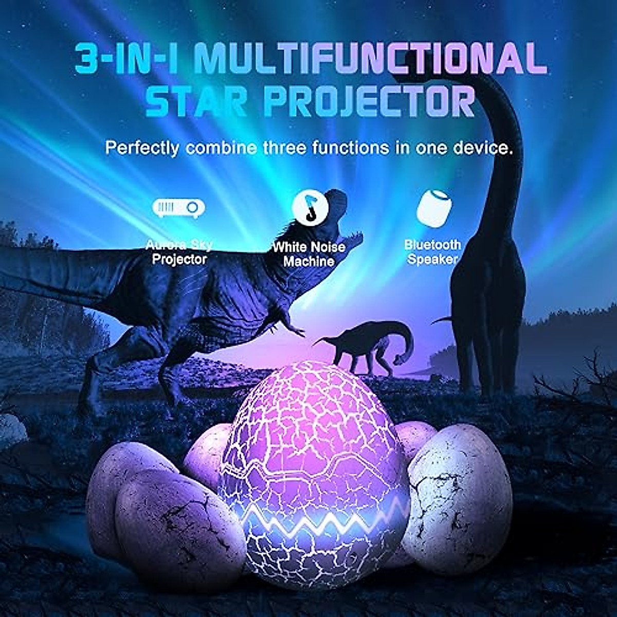 Galaxy Star Night Light Projector, Aurora Projector with 33 Light Effects, Dinosaur Egg Lights for Bedroom Decor with Bluetooth Speaker White Noise & Remote Control for Kids/Party/Gift