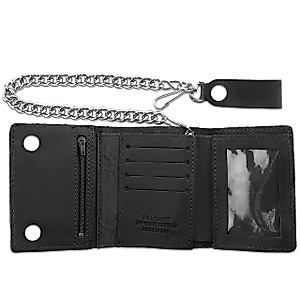 RFID Blocking Men's Tri-fold Vintage Biker Cowhide Leather Steel Chain Wallet,Snap closure, Made In USA,tc315-solid black