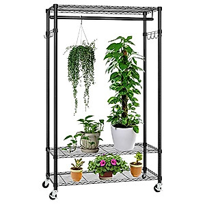Finnhomy 47.2" L Metal Clothes Rack for Hanging Clothes 25mm Dia Tube Heavy Duty Garment Rack with 3-Tier Shelves/ Double Hanging Rods/ Lockable Wheels, Portable Closet Storage Rack Freestanding Wardrobe Closet Organizer