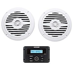 KICKER KMC3 Marine Digital Media Gauge Receiver w/Bluetooth/USB For Boat/ATV/UTV Bundle with Pair Rockville MS525W 5.25" 400 Watt Waterproof Marine Boat Speakers 2-Way White