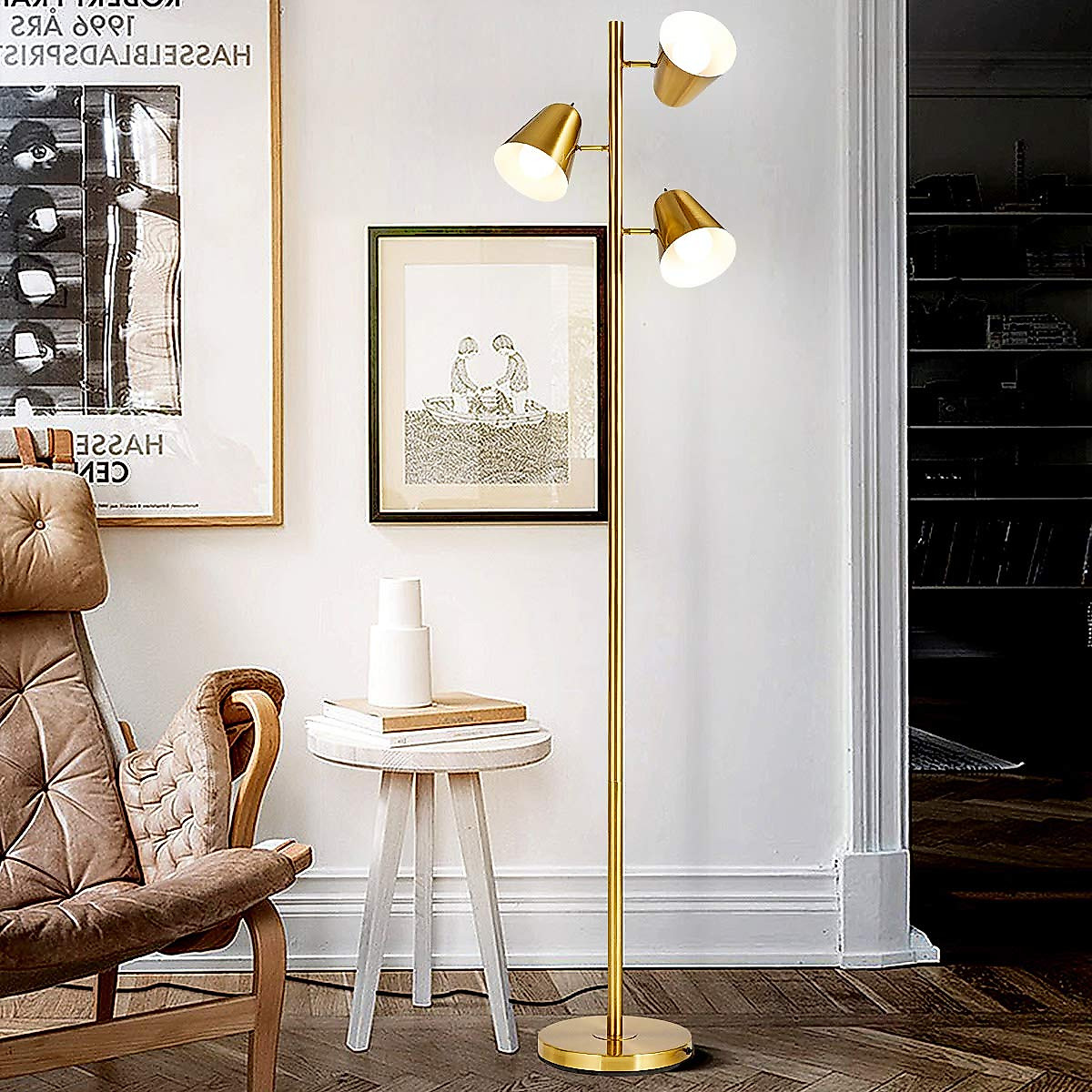 Tangkula 3-Light Floor Lamp, 64” Mid Century Modern Standing Tall Pole Lamp with 3 LED Bulbs and Adjustable Heads, Reading Light for Living Room Bedroom, 360 Lighting (Antique Brass)