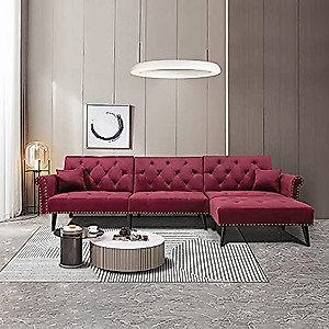 MOEO 115" Reversible Button Tufted Sectional Sofa with 2 Pillows and Chaise Lounge, L-Shaped Nailhead Decor Corner Sofá Convertible Sleeper Velvet Couch Bed for Living Room Furniture, Red