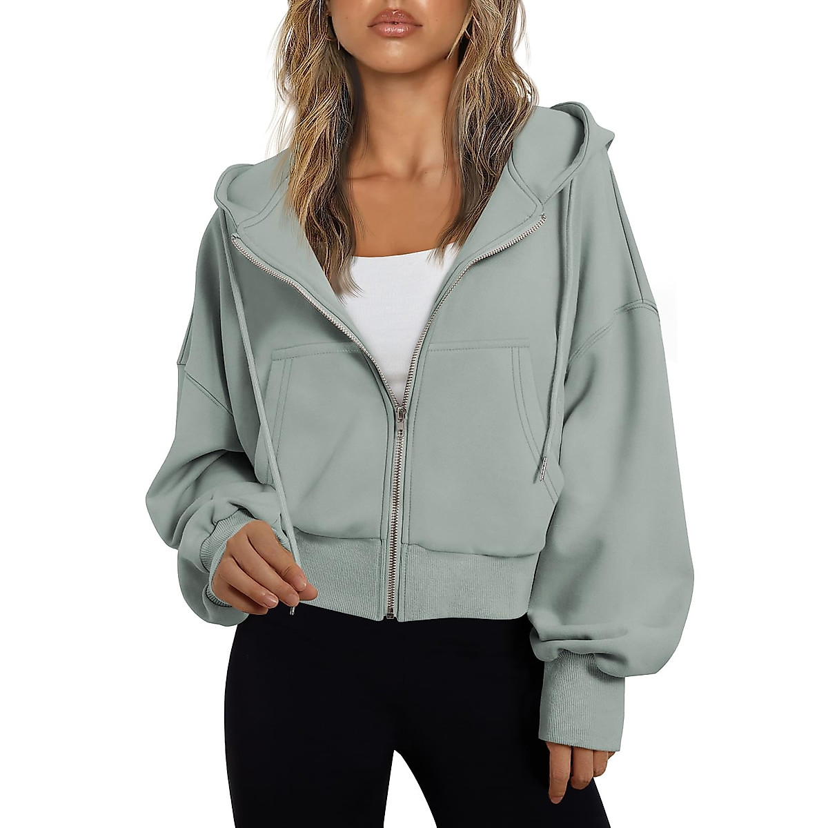 Trendy Queen Hoodies for Women Full Zip Up Cropped Sweatshirts Jackets Casual Comfy Gym Tops Fall Outfits Winter Clothes 2025 LightGreen M