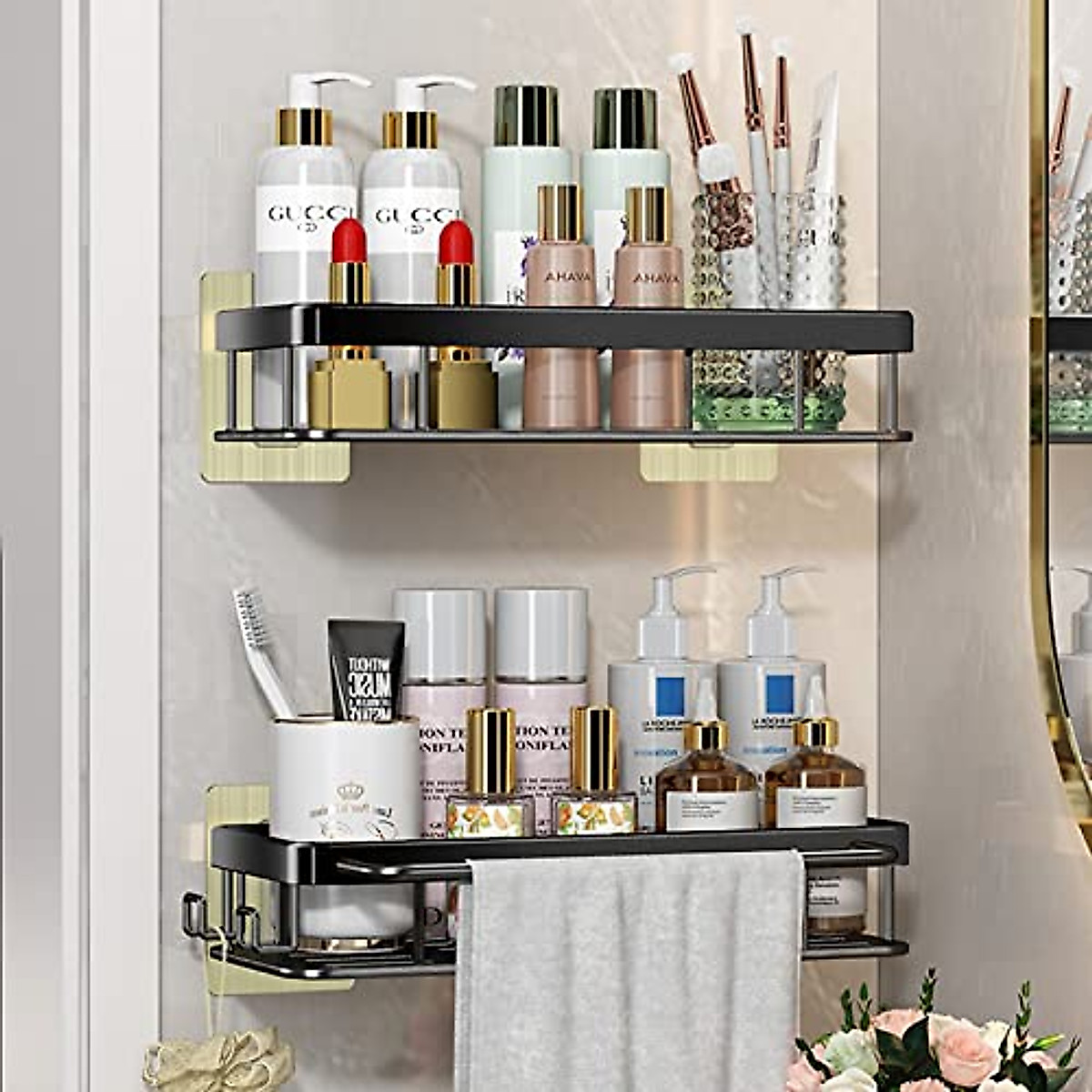 Shower Organizer 2pcs Shower Caddy Shower Shelf With Soap Holder Sticky Shower Shelf With towel hanging bar ,Shower Storage Rustproof Bathroom Caddy Wall Mounted (Black) shower racks for inside shower