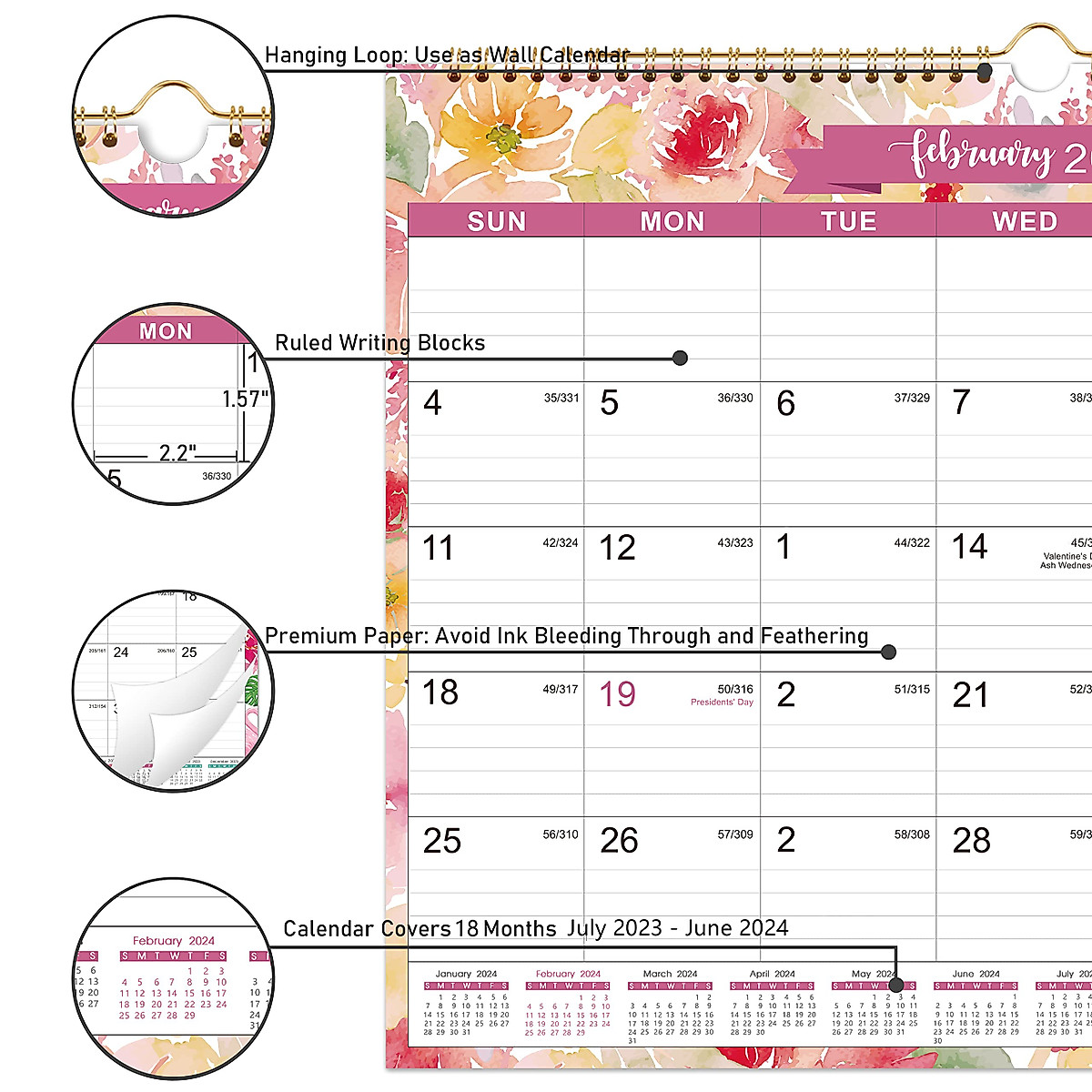 2023-2024 Calendar - Wall Calendar 2023-2024 from January 2023 - June 2024 with Julian Dates, 15" x 11.5", Two-Wire Binding, Ruled Blocks Perfect for Planning and Organizing for Home or Office