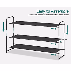 AOODA Long 3 Tier Shoe Rack for Closet Entryway, Stackable Wide Shoe Storage Organizer Holds 24 Pairs Sneaker Shelf for Bedroom, Floor, Garage, Dorm (Black)