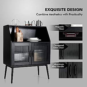 PETSITE Sideboard Buffet Storage Cabinet, Kitchen Accent Console Table with Open Shelf & Tempered Glass Door for Dining Room Hallway, Black