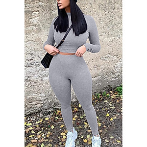 Mulisky 2 Piece Outfits for Women Long Sleeve Crop Top Sweatsuit Tracksuit Long Pants Set Sports Jumpsuit Grey L