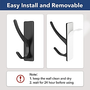 Self Adhesive Coat Hooks for Hanging: Heavy Duty Stainless Wall Hook for Towel, Backpack, Hat, Sturdy Metal Hanger for Bathroom, Bedroom, Door, 4-Pack, Matt Black