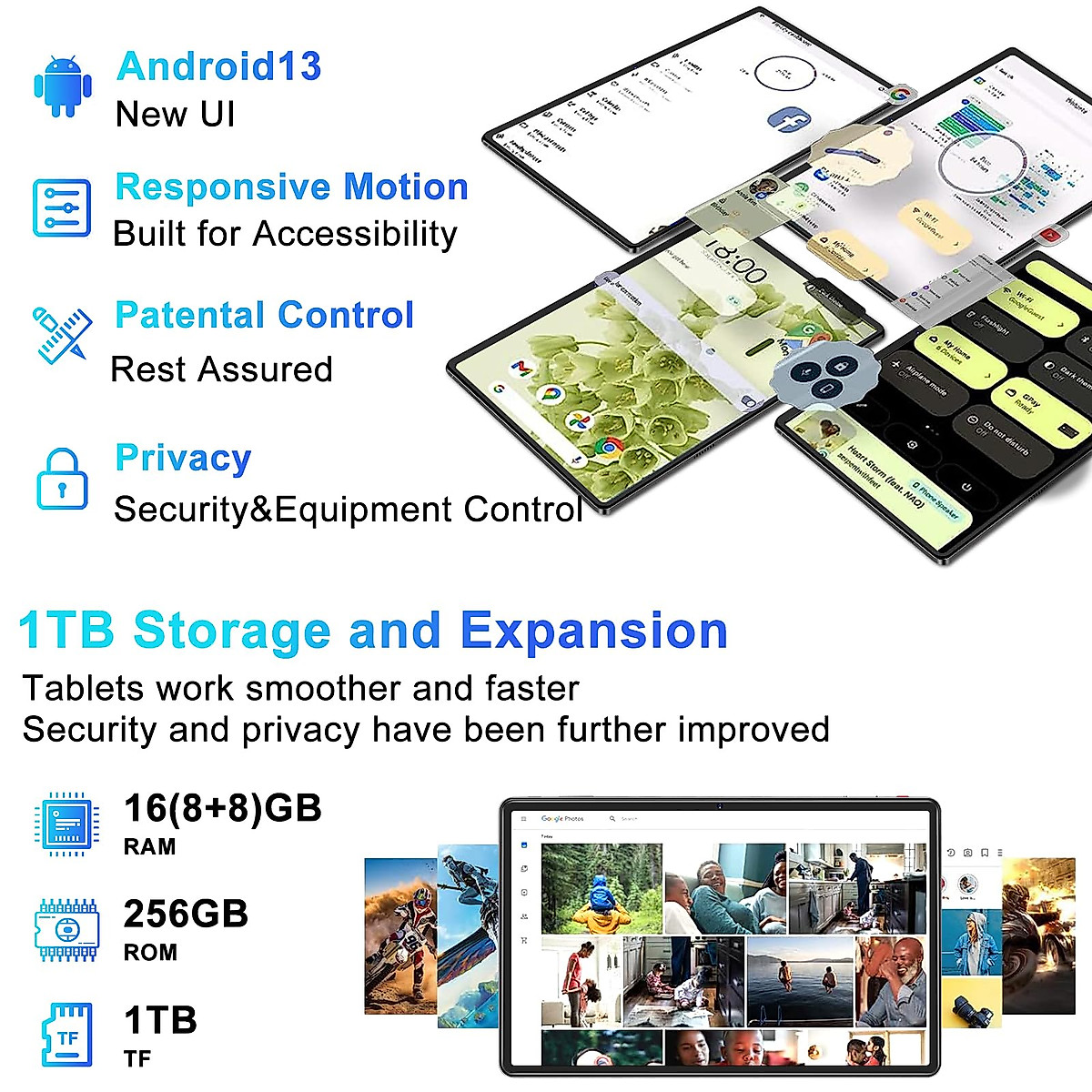 Tablet Android 13 Tablet PC 11 inch tablet Latest with 16GB+256GB+1TB Expand, 8600mAh, Support, Octa-Core 2.0 GHz, 5G WiFi, Dual Camera, Bluetooth 5.0, HD Screen Tablet with Keyboard and Mouse - Grey