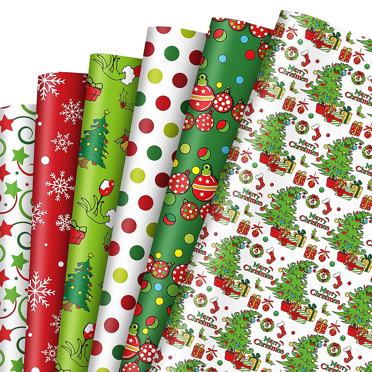 Whaline 12 Sheet Christmas Wrapping Paper Funny Cartoon Character Gift Wrap Paper Xmas Red Green Folded Flat Decorative DIY Craft Art Paper for Party Decor Supplies, 19.7 x 27.6 inch