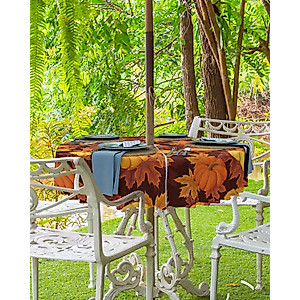 Thanksgiving Outdoor Tablecloths with Umbrella Hole and Zipper, Fall Pumpkin Maple Leaves Orange Yellow Brown Waterproof/Stain Resistant Round Table Cloth 54'' Patio Table Cover for Picnic/Party