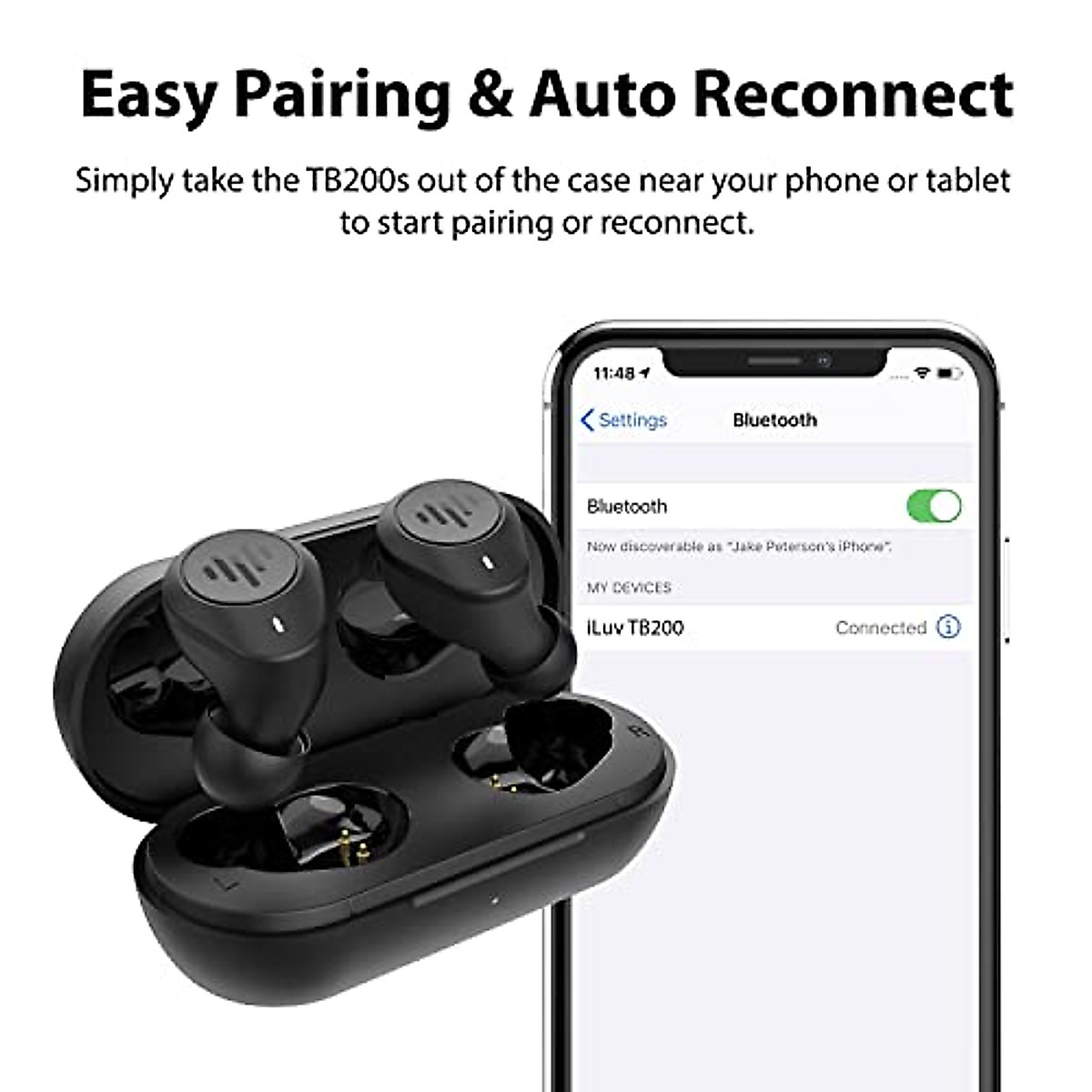 iLuv TB200 Black True Wireless Earbuds Cordless in-Ear Bluetooth 5.0 with Hands-Free Call Microphone, IPX6 Waterproof Protection, High-Fidelity Sound; Includes Compact Charging Case & 4 Ear Tips