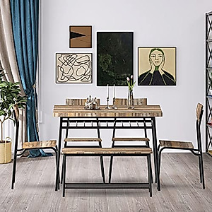 STHOUYN 6 Piece Dining Table Set, Kitchen Table and Chairs for 6, Dining Room Dinner Table Set w/Storage Rack for Home, Apt, 4 Chairs, Bench, Small Space (Retro Brown (6 Piece))