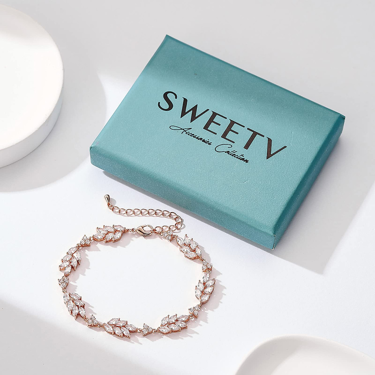 SWEETV Cubic Zirconia Bridal Wedding Bracelets for Brides, Bridesmaids, Marquise Elegant Tennis Bracelet for Women Jewelry Gift