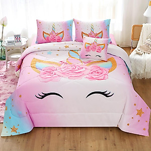 Keyroal 6Pcs Queen Comforter Set with Sheet,Unicorn Flower Bedding Set for Kids,Pink Rainbow Bed in a Bag Bedding for Girls-Smile Unicorn