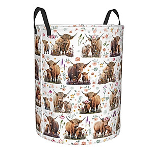 Highland Cow Print Laundry Hamper Large Laundry Basket Foldable Dirty Clothes Toys Organizer Bag With Handles For Bathroom,Bedroom,College Dorm