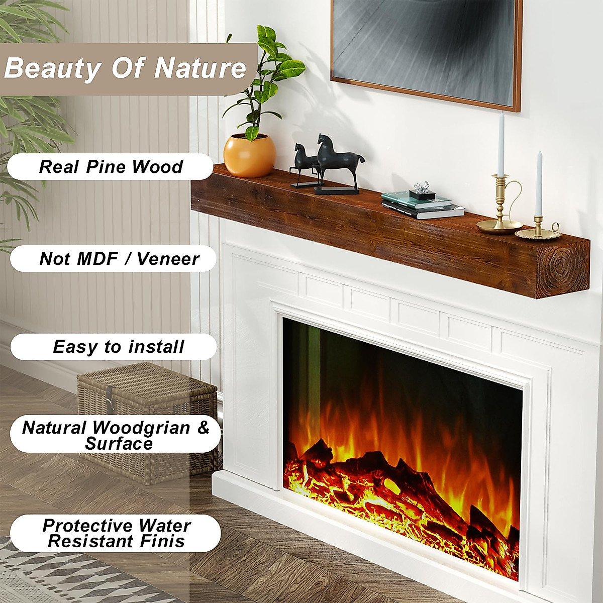 LOVMOR Floating Fireplace Mantel-60in Wood Mantels for Over Fireplace,Wall Mount Fireplace Mantel Shelves,Natural Mantels Over Fireplace | 60" x 8" x 5"-Wood Brown