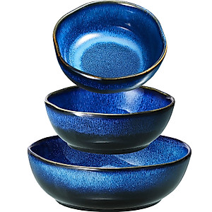 3 Pieces Ceramic Salad Bowls Ramen Bowls Blue Mixing Bowls Porcelain Serving Bowls Ceramic Microwave and Dishwasher Safe for Soup Pasta Noodles Salad Nesting Bowls, 13 Oz 27 Oz 47 Oz