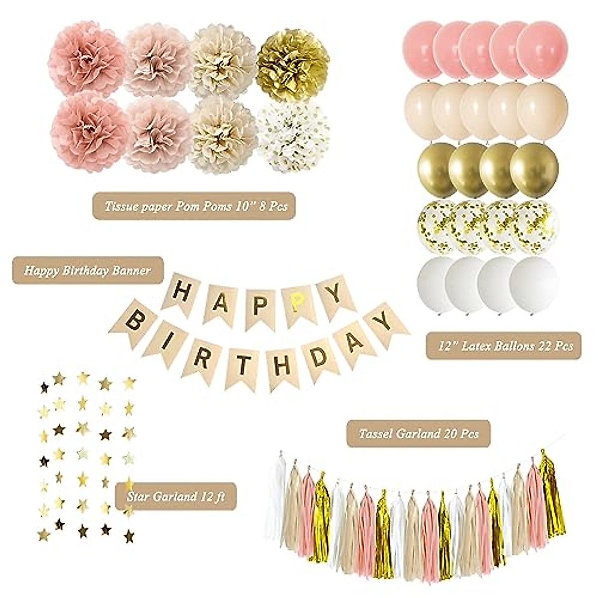 ANSOMO Retro Pink Happy Birthday Party Decorations Dusty Rose Gold Nude Blush Apricot Tan Kraft Paper Banner Balloons Rustic Boho Décor Supplies Women Girls Baby Tassel Garland