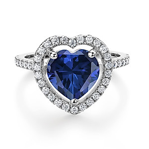 Gem Stone King 925 Sterling Silver 10MM Heart Shape Gemstone Birthstone and White Moissanite Halo Engagement Ring | Wedding Anniversary Promise Ring For Women | Available In Size 5, 6, 7, 8, 9