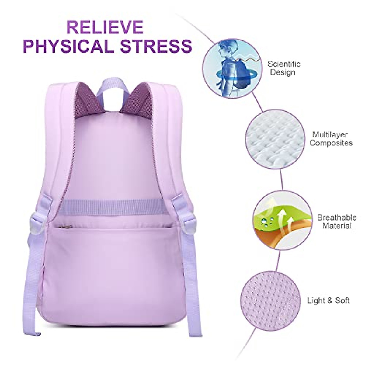 Caran·Y Kids Backpack Girls and Boys Classic School Backpack Light Weight Two Size Multi-pocket L-Purple Suitable for ages 6+ and above（Purple）