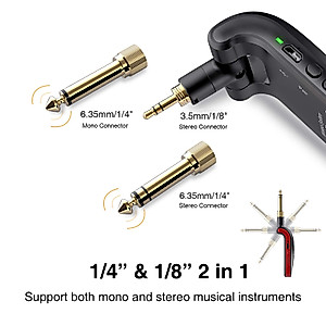 LEKATO Wireless Guitar System 2.4GHz Rechargeable Audio Wireless Transmitter Receiver 6 Channels for Guitar Bass Electric Instruments, Stereo and Mono 1/4” & 1/8” 2 in 1 Plugs,Black(WS-60)