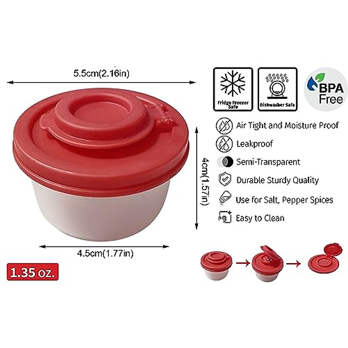 Micozy Salt and Pepper Shakers Moisture Proof Sets, Small Mini Salt Shaker for Camping Picnic Outdoors Kitchen, Clear Plastic Spice Jar Dispenser with Red Covers (1PCS)
