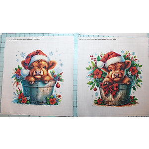 4 Piece 6"x6" Christmas Highland Cows 100% Cotton Fabric Panel Squares - Quilting Sewing Blocks