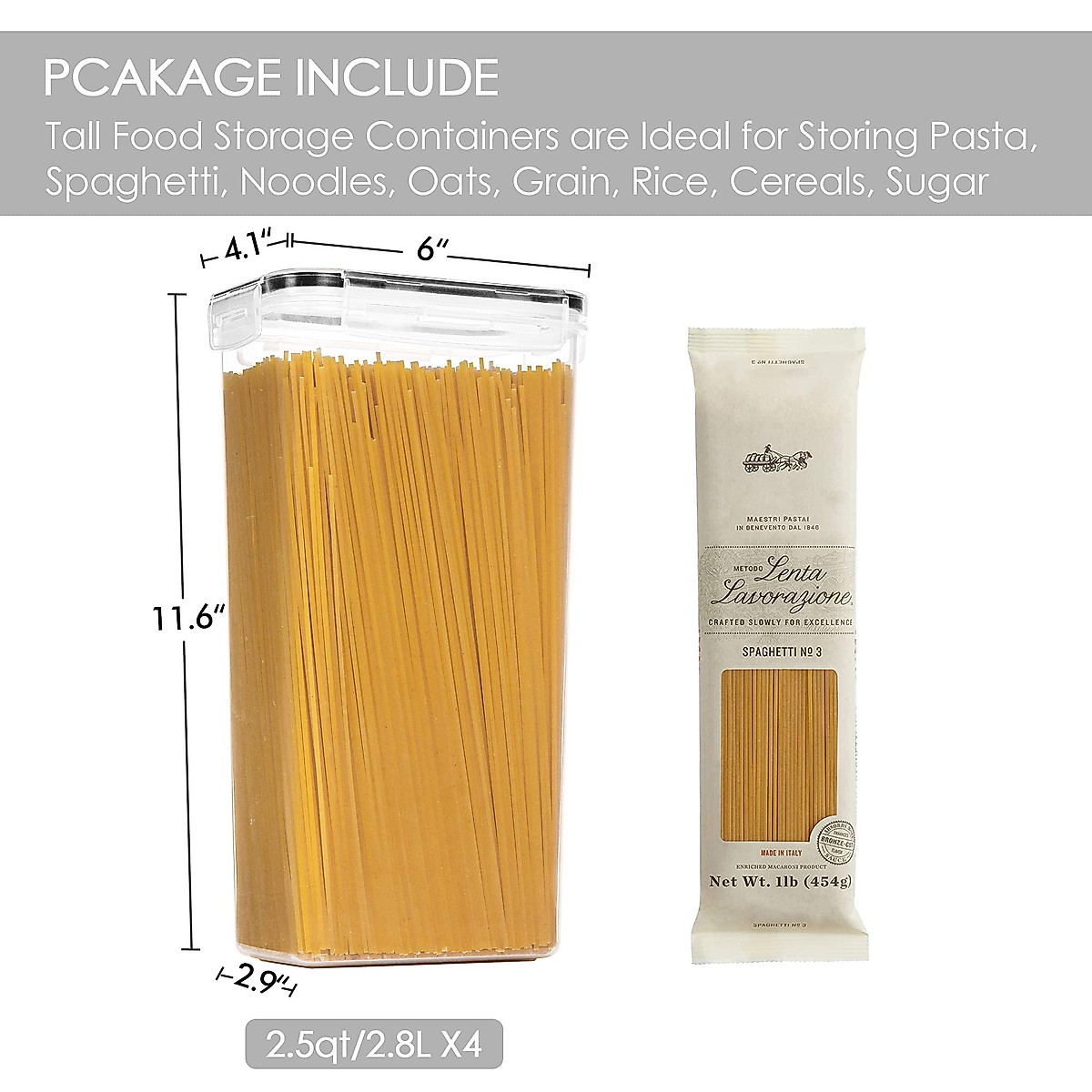 Vtopmart 4PCS 3.2L Airtight Food Storage Containers and 4PCS 2.8L Pasta Containers for Pantry, Spaghetti, Flour, Sugar and Noodles