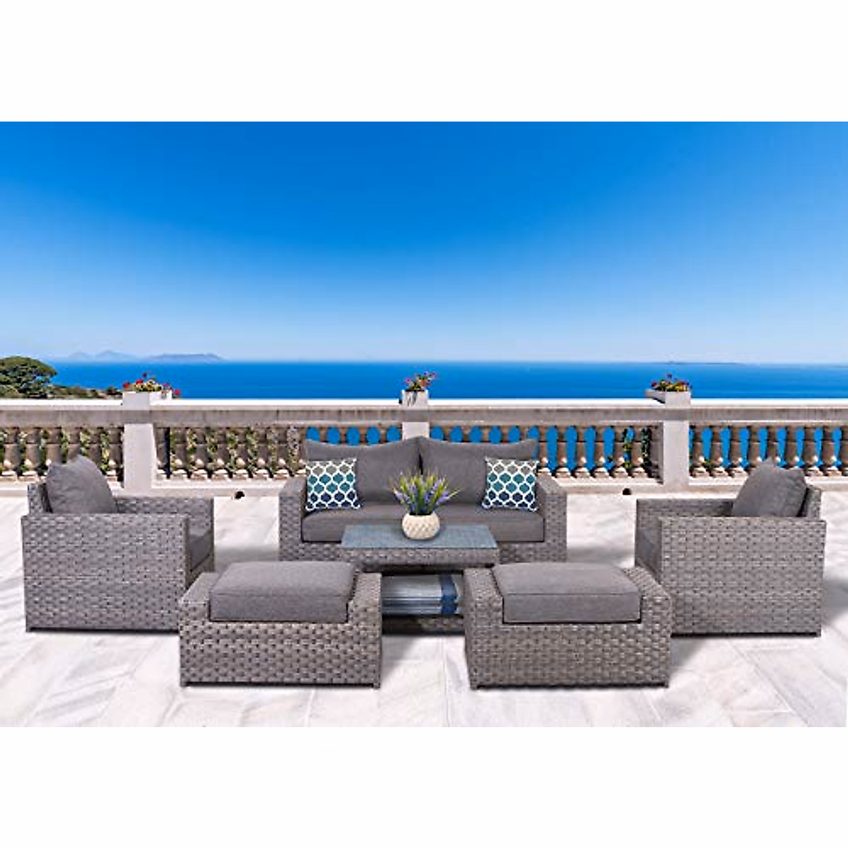 SunHaven Resin Wicker Outdoor Patio Furniture Set - 7 Piece Conversation Sectional Premium All Weather Gray Wicker Rattan, Aluminum Frame with Deluxe Fade Resistant Olefin Cushions (7 Piece Cromwell)