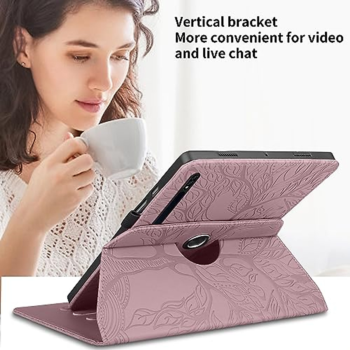 Schaflie Compatible with Samsung Galaxy Tab S9 2023/ Tab S8 2022/ Tab S7 2020 11 inch Case 360 Rotating Cover PU Leather Stand Function with Tree Embossed SM-X700/X706/T870/T875/T876B Rosegold