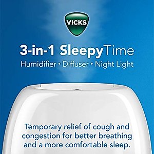 Vicks Filter-Free 3-in-1 SleepyTime Humidifier, Diffuser and Night-Light, Visible Ultrasonic Cool Mist Humidifier with Essential Oil Diffuser for Baby and Kids, White, Standard