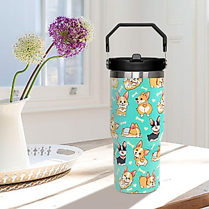 Corgi Gifts Corgi Tumbler with Handle and Straw, Stainless Steel Vacuum Insulated Flip Straw 30 oz Corgi Tumbler, Spill Proof Coffee Travel Mug Corgi Gifts for Corgi Lovers