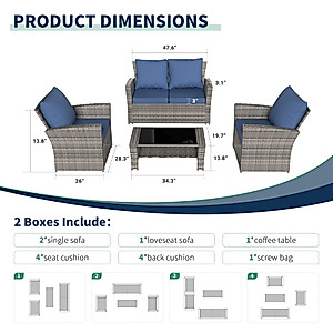 VONZOY 4 Pieces Patio Furniture Set, Wicker Outdoor Sectional Sofa Couch Set, Grey PE Rattan Patio Conversation Sets for Balcony, Porch, Blue