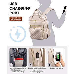 LOVEVOOK Laptop Backpack for Women, 15.6 Inch Computer Backpack for Teacher Nurse with Water Resistant, Lightweight Travel Work Backpack with USB Charging Port, Quilted Commuter Backpack purse, Beige