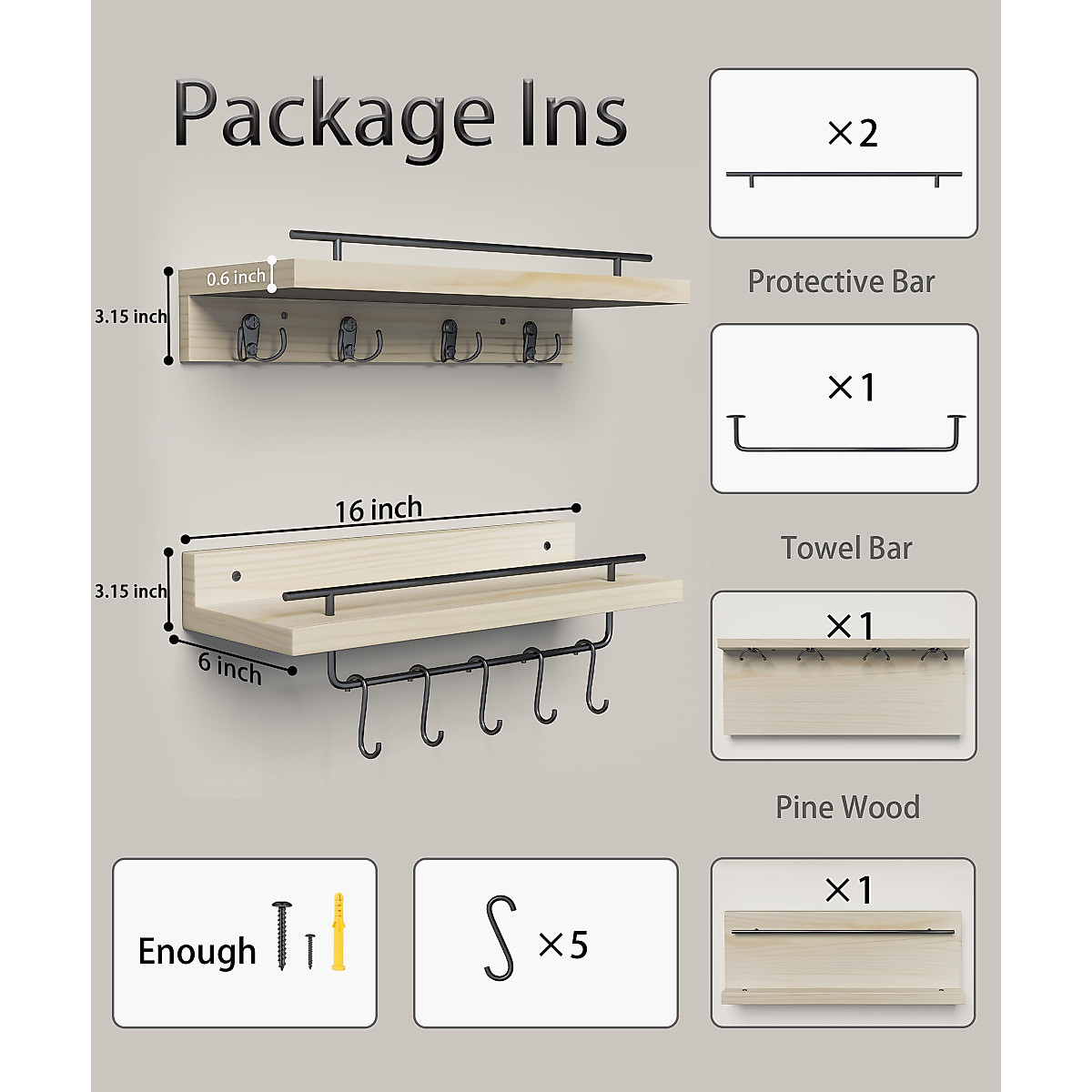 Wood Floating Shelves with Hooks, Wall Mounted Coat Rack with Shelf Set of 2, Bathroom Wall Shelf with Removable Towel Bar, Hanging Shelves with 9 Hooks for Kitchen Entryway Coffee Bar, Maple Wood