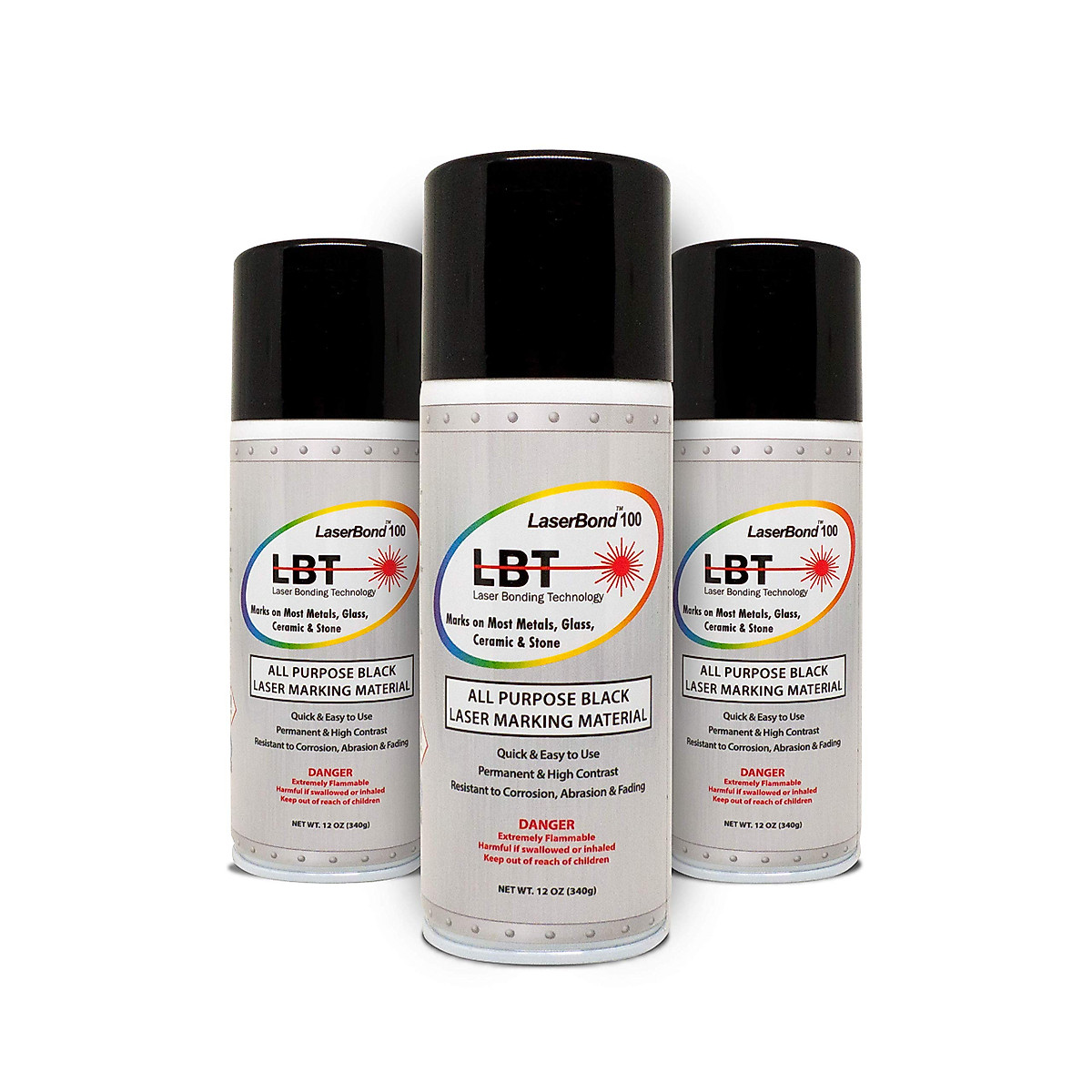 Aerosol Black Laser Marking Spray - LaserBond 100 (12 oz), (3 Pack) Works with All Laser Engravers, Printers | CO2, Fiber & YAG Laser | LBT 100 Permanently Marks on Most Metals, Glass & Ceramic
