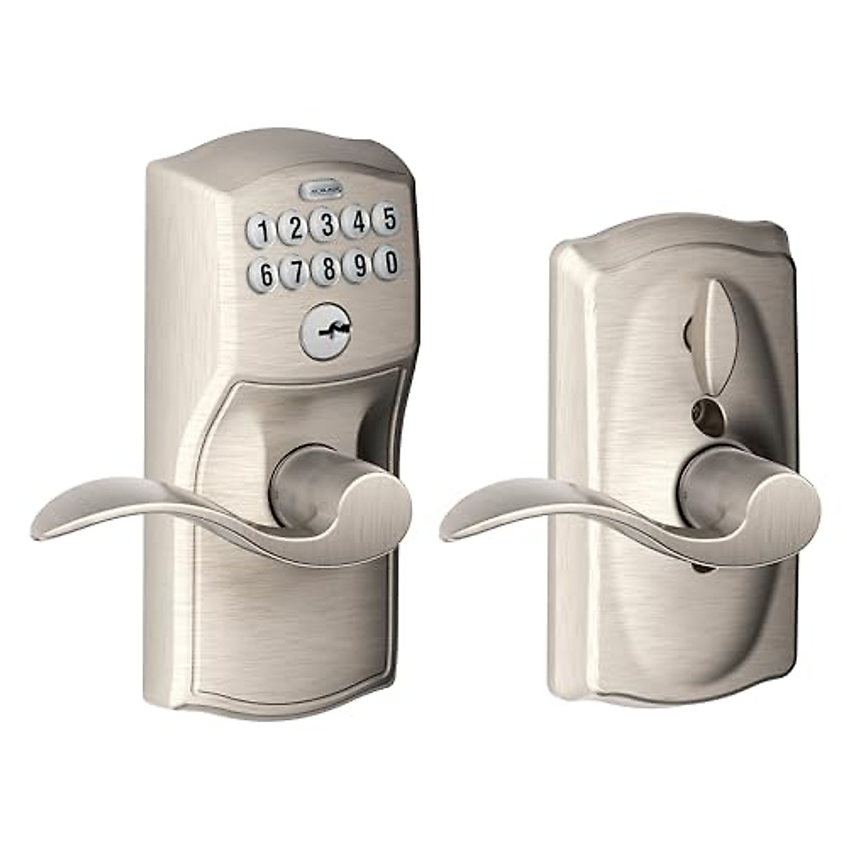 SCHLAGE FE595 CAM 619 ACC Camelot Keypad Entry with Flex-Lock and Accent Levers, Satin Nickel
