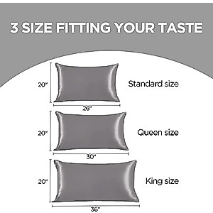 Satin Pillowcases Set of 2 - Mulberry Silk Pillowcase for Hair and Skin, Soft, Smooth, Anti Acne, Beauty Sleep Silk Pillow Cases Covers with Zipper Gifts for Women Men (King（20"X 36"）, Gray)