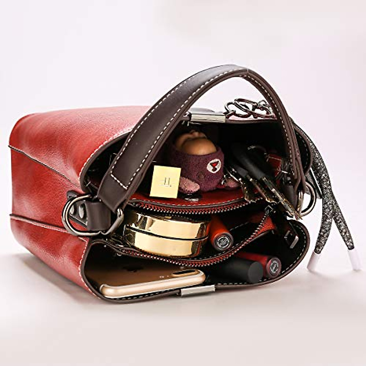 Crossbody Small Bucket Bag For Women Girls Double Strap PU Leather Purse Vintage Shoulder Bag Handbag