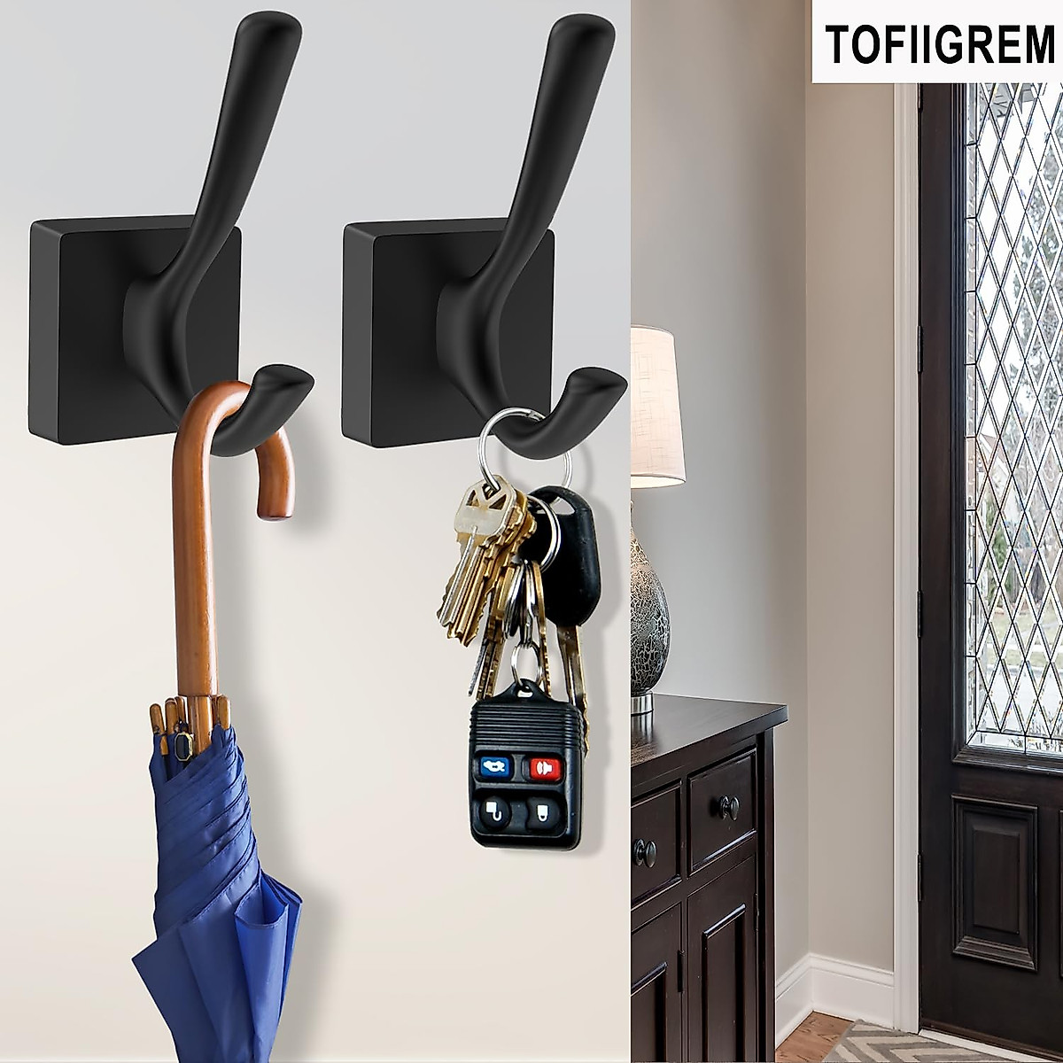 TOFIIGREM Black Wall Hooks Coat Hooks, Mudroom Hooks Bathroom Hallway Hooks for Hanging Clothes Robe Towel Backpack, Heavy Duty Decorative Hooks Modern Double Towel Hooks (4 Pack, Black)
