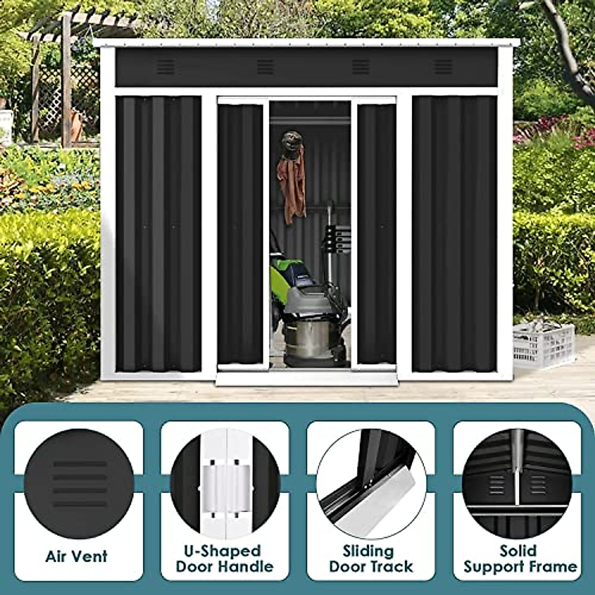 Oakmont Outdoor Garden Storage Shed 4' × 6' Garden Tool House with Single Sliding Doors, Steel Anti-Corrosion Storage House forYard Lawn (Dark Grey)