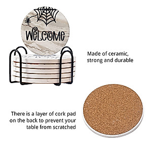 6pcs Halloween Cup Drinks Coasters with Holder,Round Absorbent Ceramic Coaster Set,Funny Drink Coasters with Cork Base for Tabletop Protection,Ideal Gift for Halloween,Housewarming,Birthday
