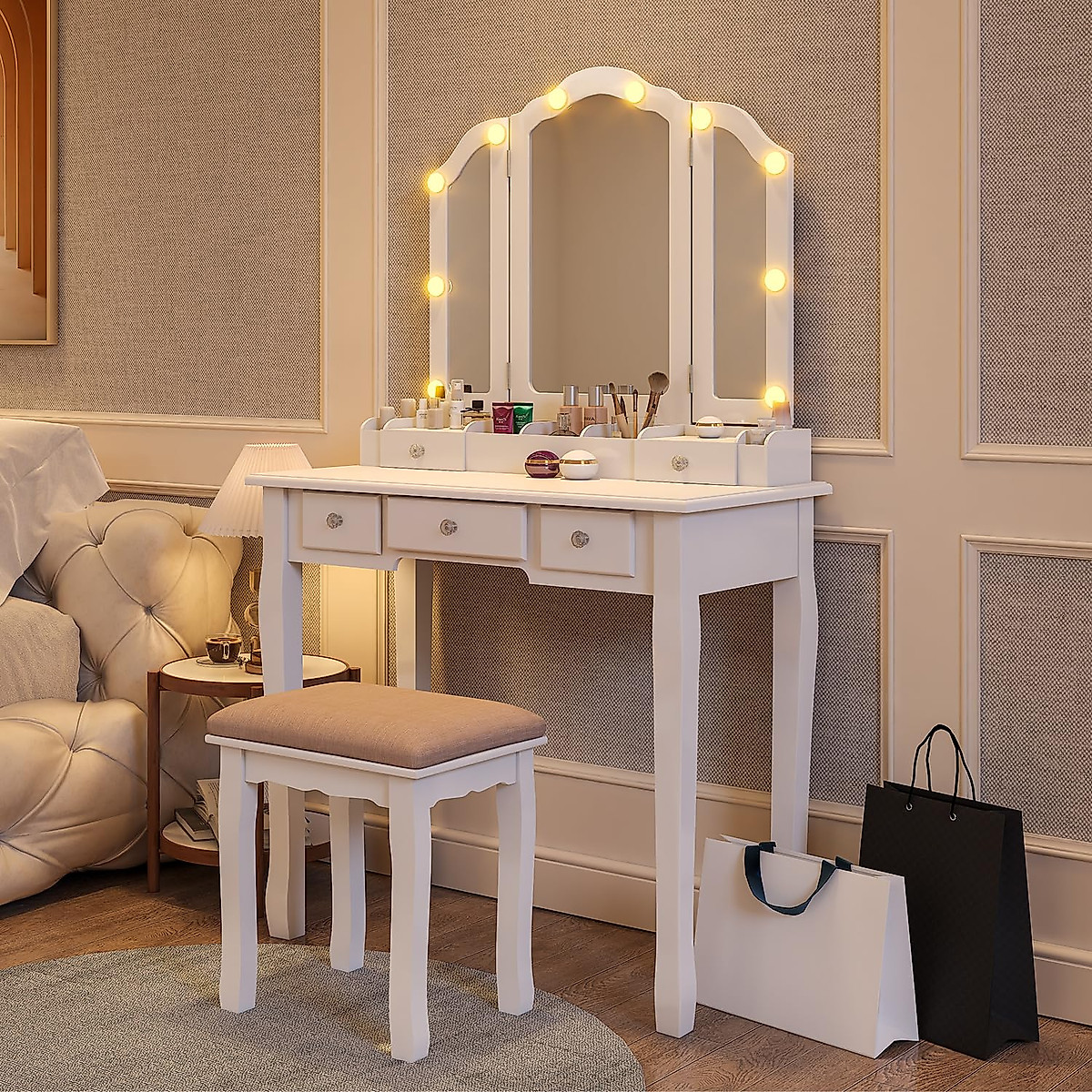 YIXHQ Makeup Vanity with Lights Vanity Desk with Mirror and Lights Makeup Vanity with Drawers Vanity Table with Lights Vanity with Lighted Mirror and Chair