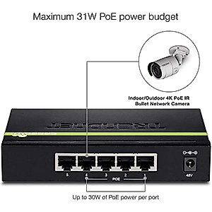 TRENDnet 5-Port Gigabit PoE+ Switch, 31 W PoE Budget, 10 Gbps Switching Capacity, Data & Power Through Ethernet to PoE Access Points and IP Cameras, Full & Half Duplex, Black, TPE-TG50g
