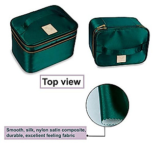 Eudora Double Layer Travel Makeup Bag, Green Nylon Satin Makeup Bag Organizer with Portable Mirror and Brushes holders, Large Cosmetics bag for Women (Green)